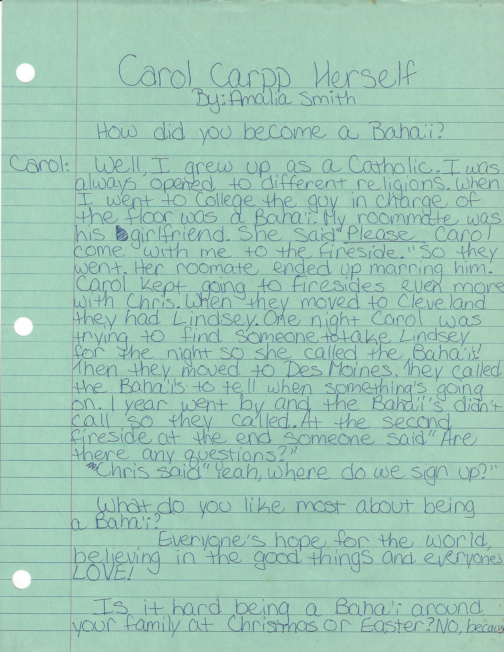 Summer School 1990 Junior Youth Interviews - Iowa Baha'i History