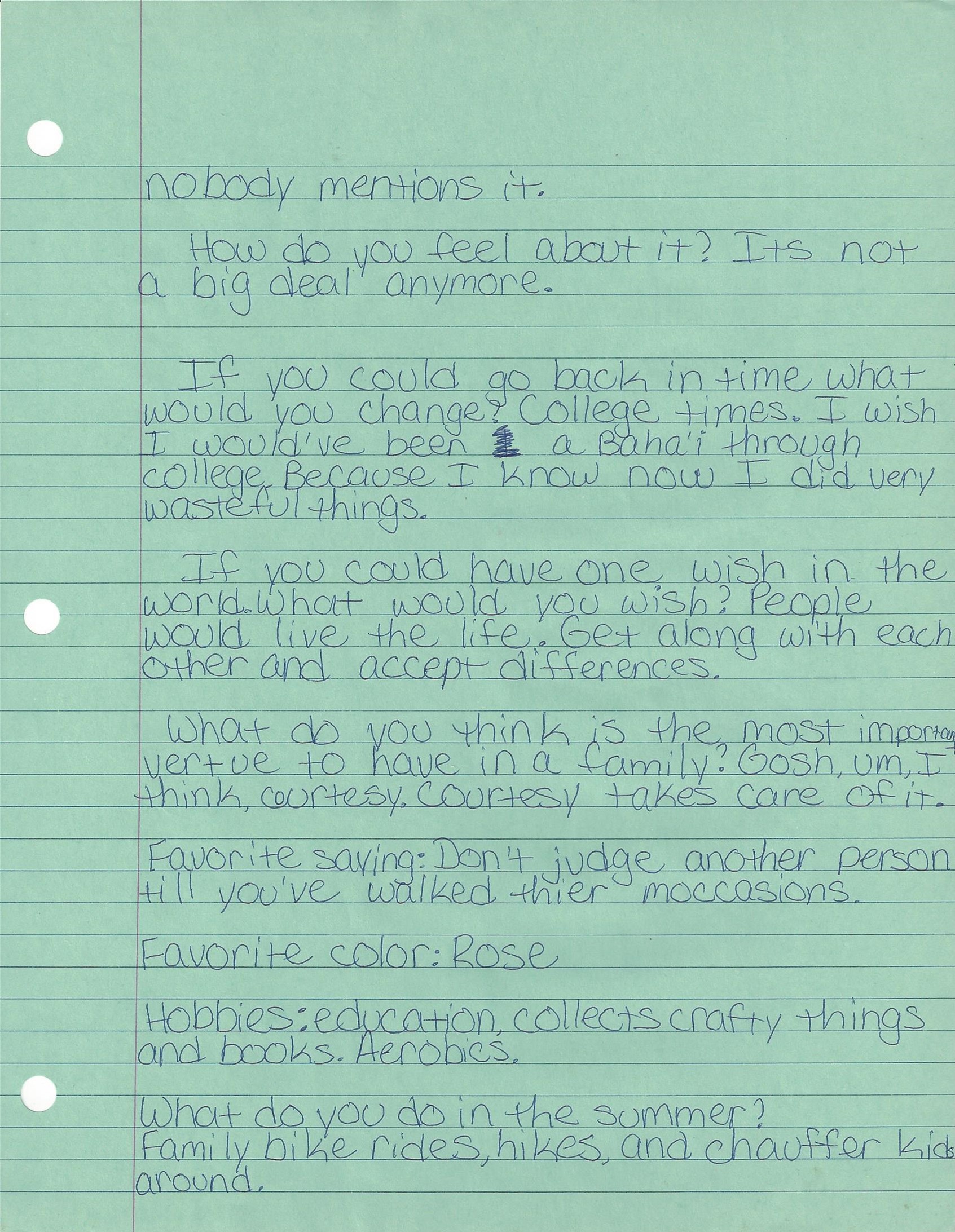 Summer School 1990 Junior Youth Interviews - Iowa Baha'i History